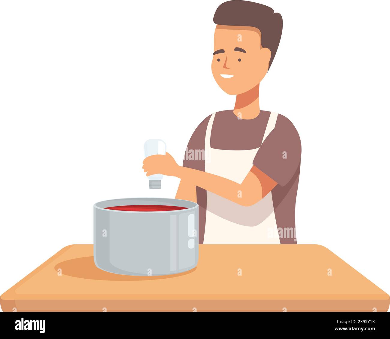 Happy young adult man cooking with enthusiasm and joy in the kitchen ...