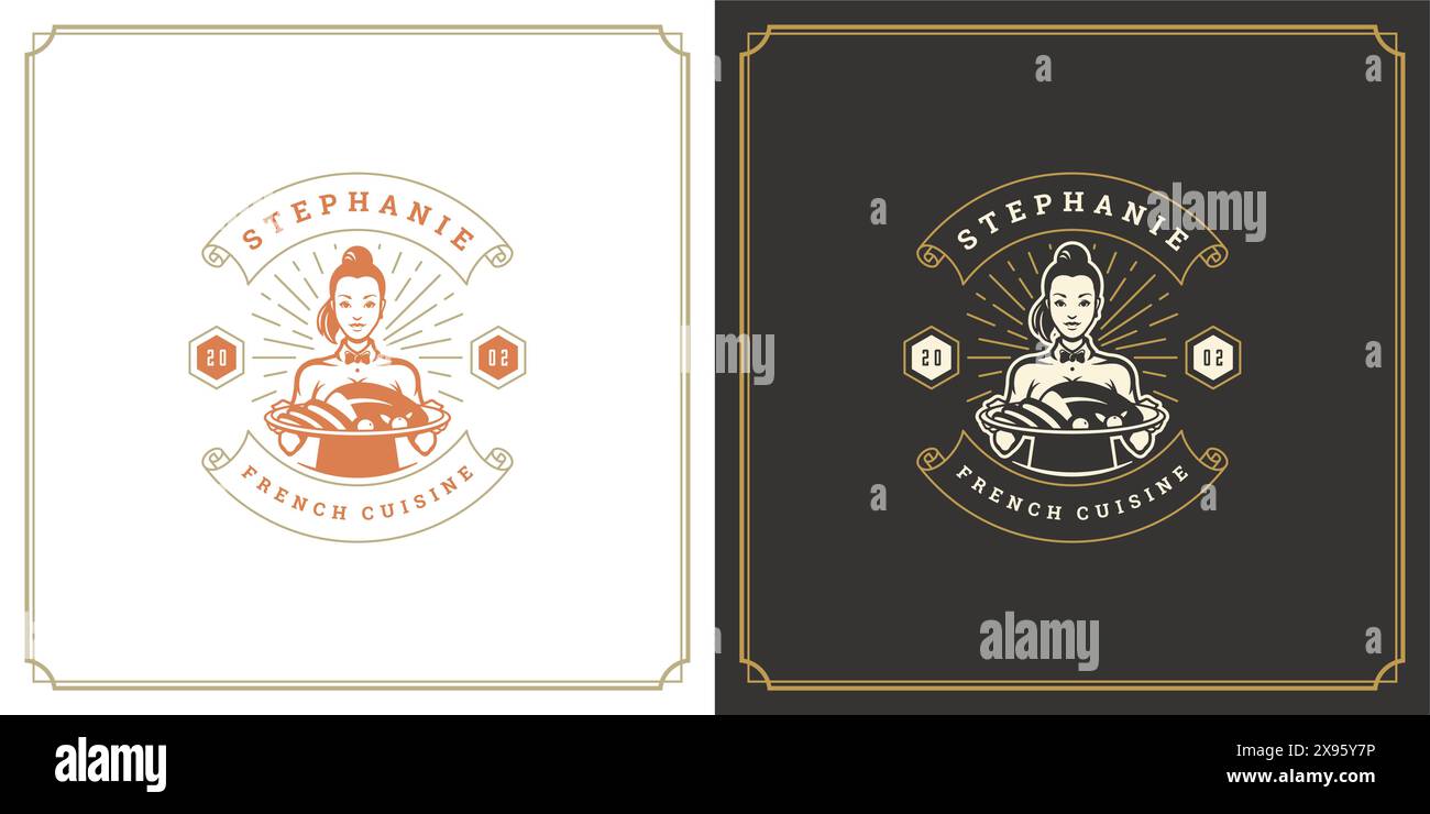 Restaurant logo design vector illustration waitress holding dish plate ...