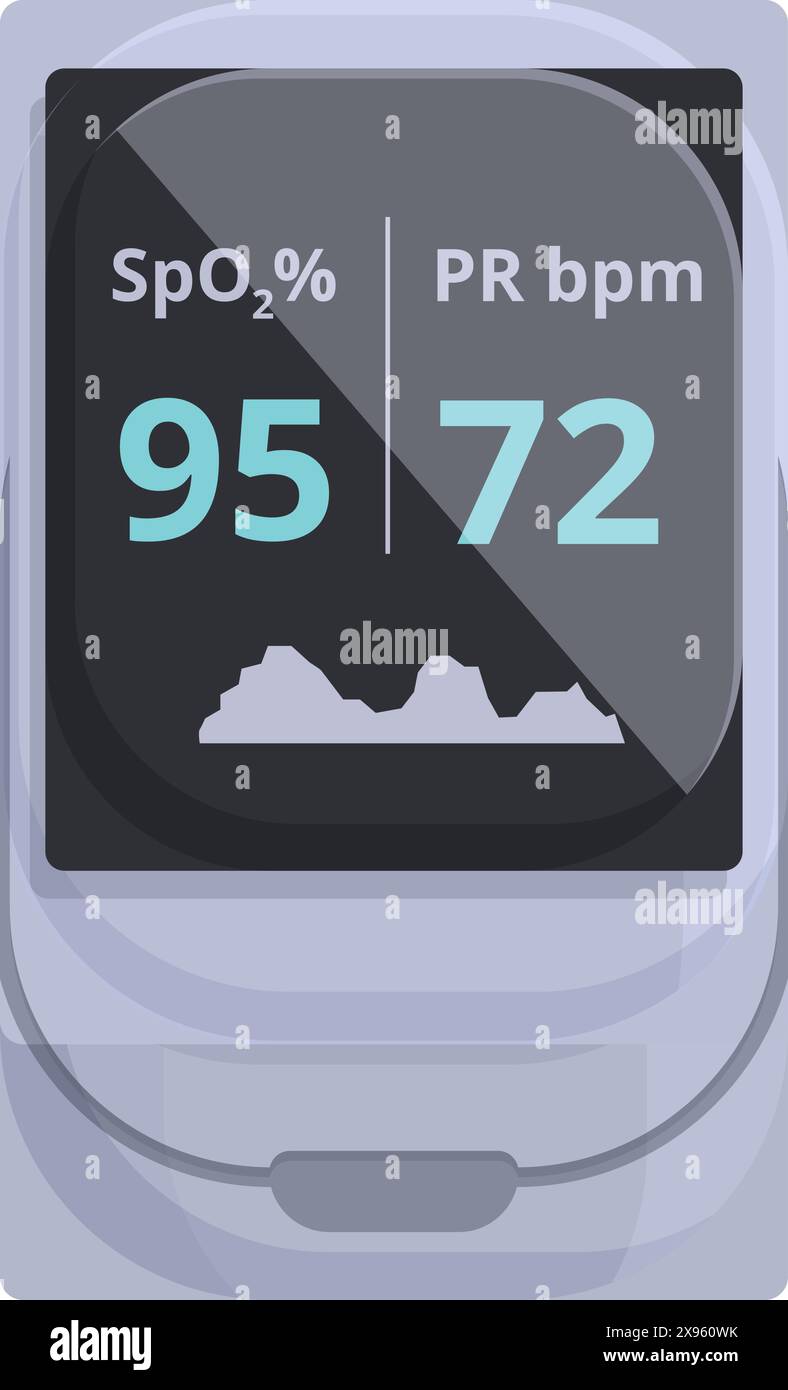Illustration of a digital pulse oximeter displaying spo2 levels at 95 percent and a pulse rate ...