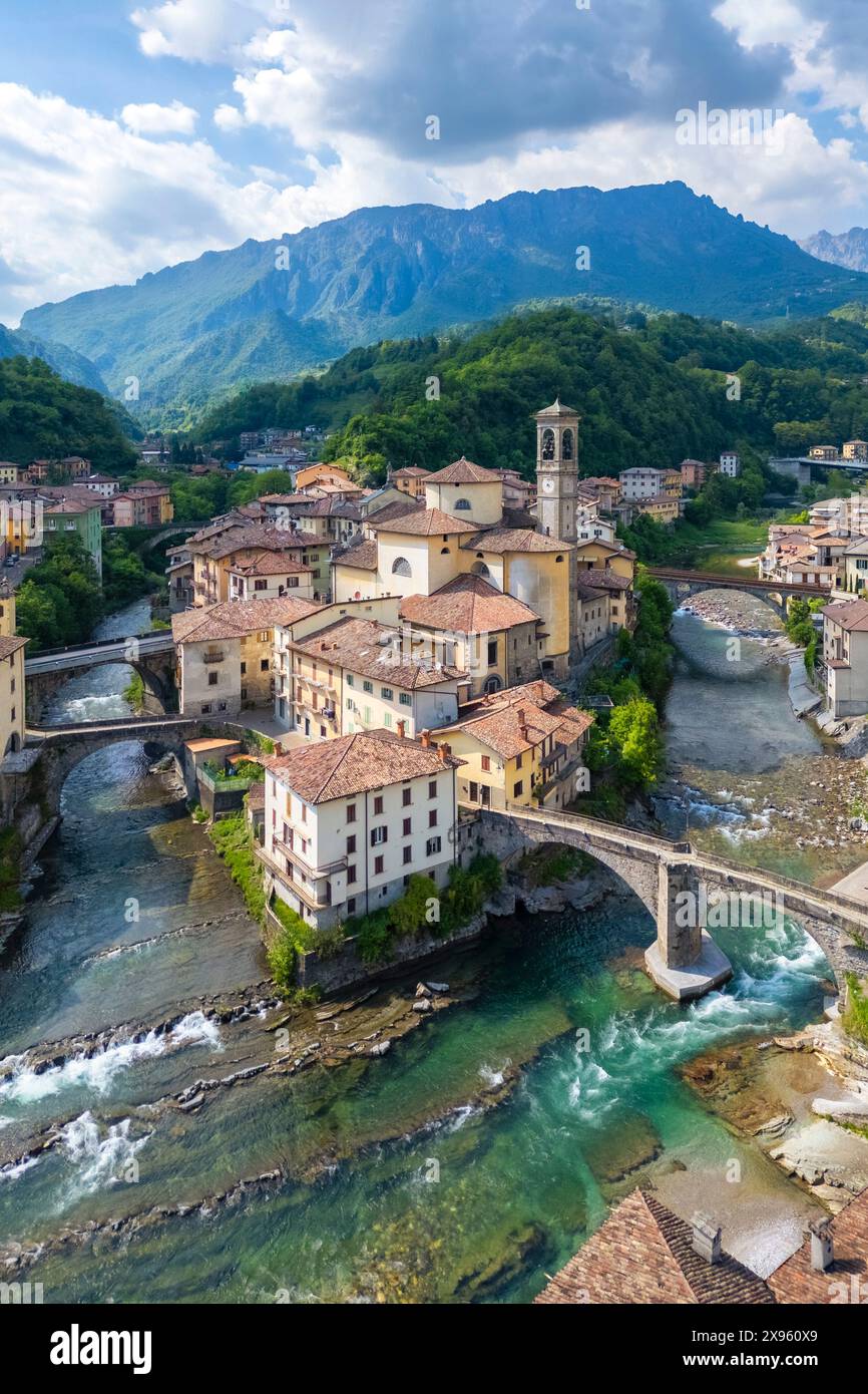 Aerial view of the town of San Giovanni Bianco, divided by two rivers ...