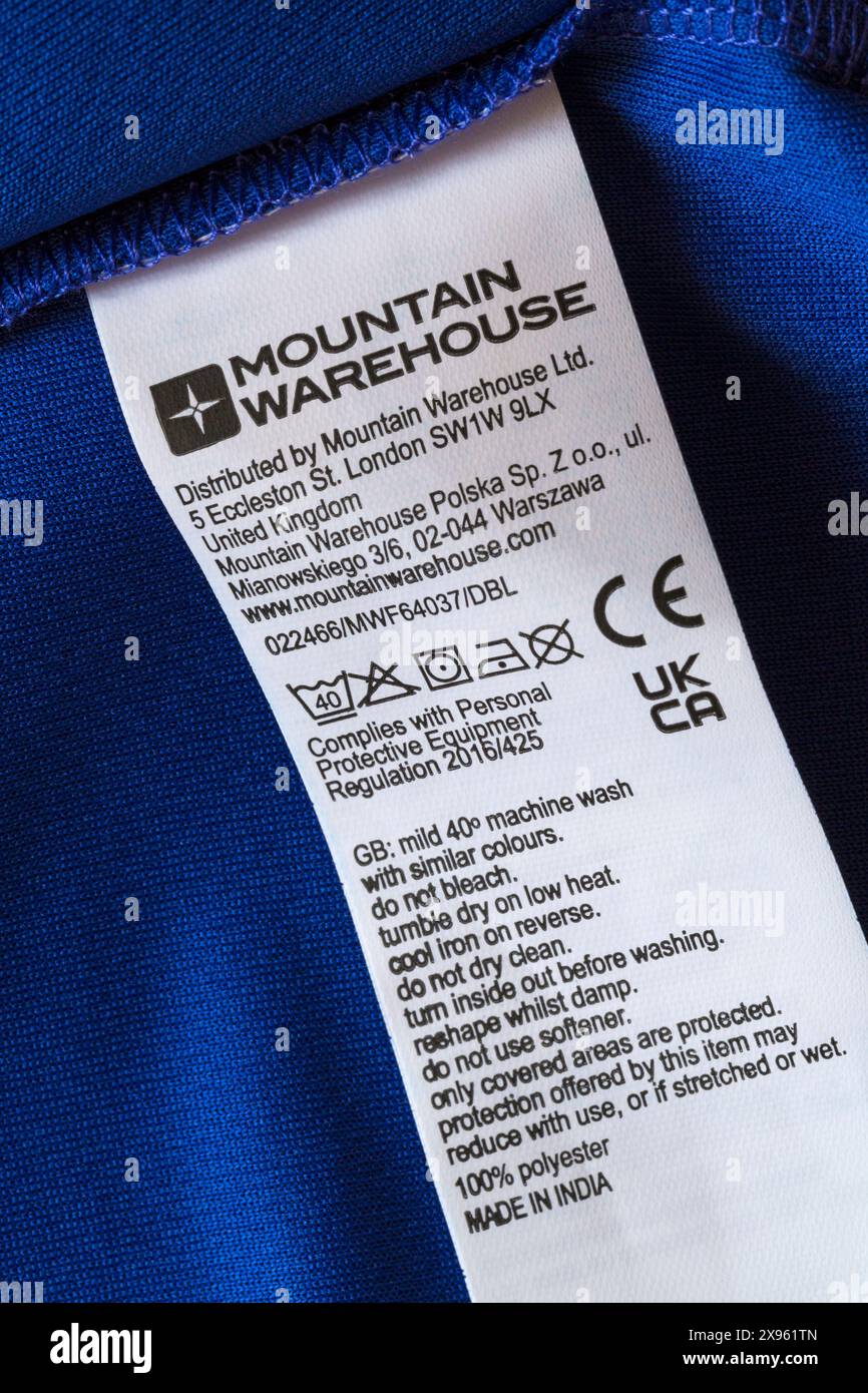 washing care symbols instructions on Mountain Warehouse label tag on ...
