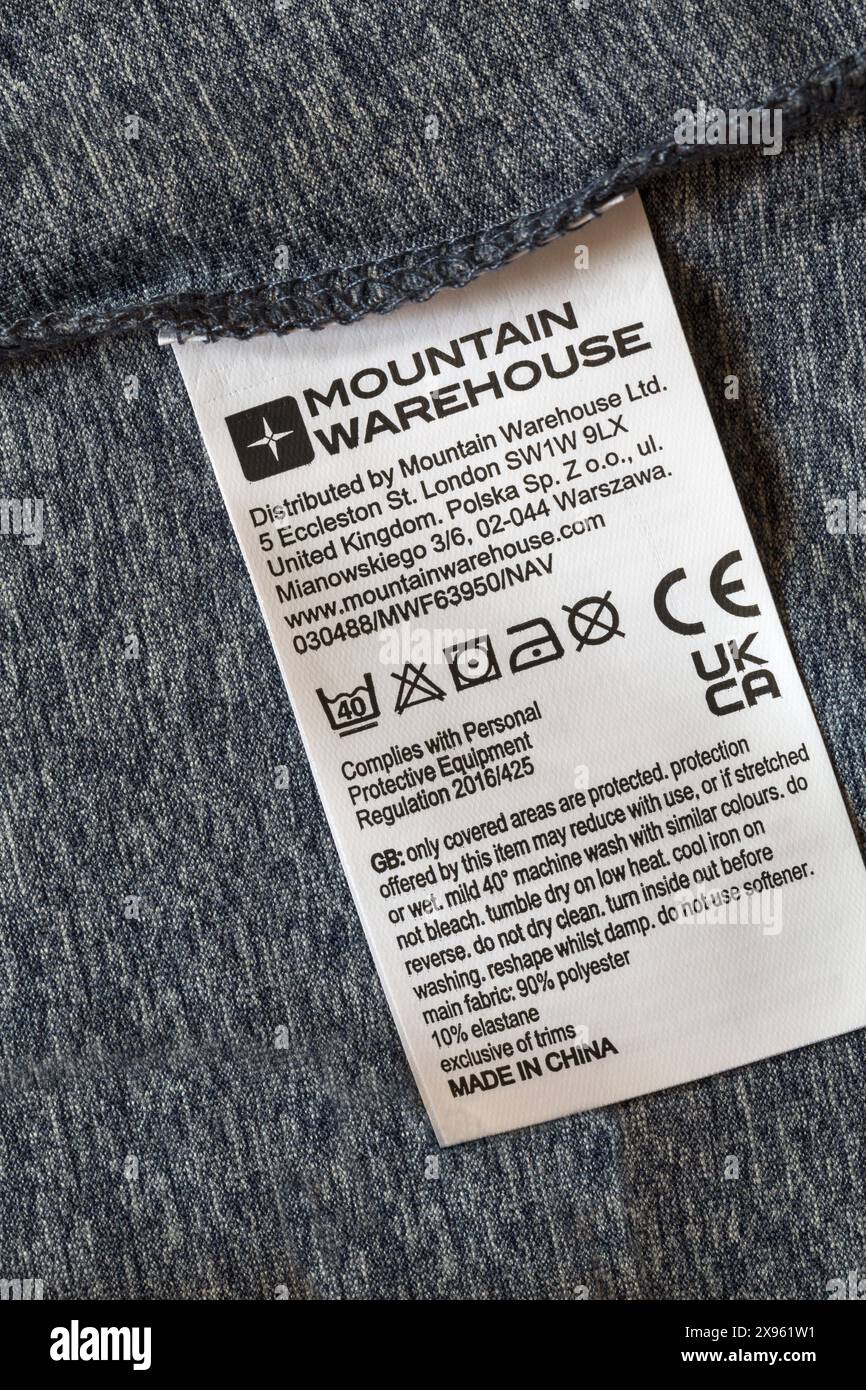 washing care symbols instructions on Mountain Warehouse label tag on ...