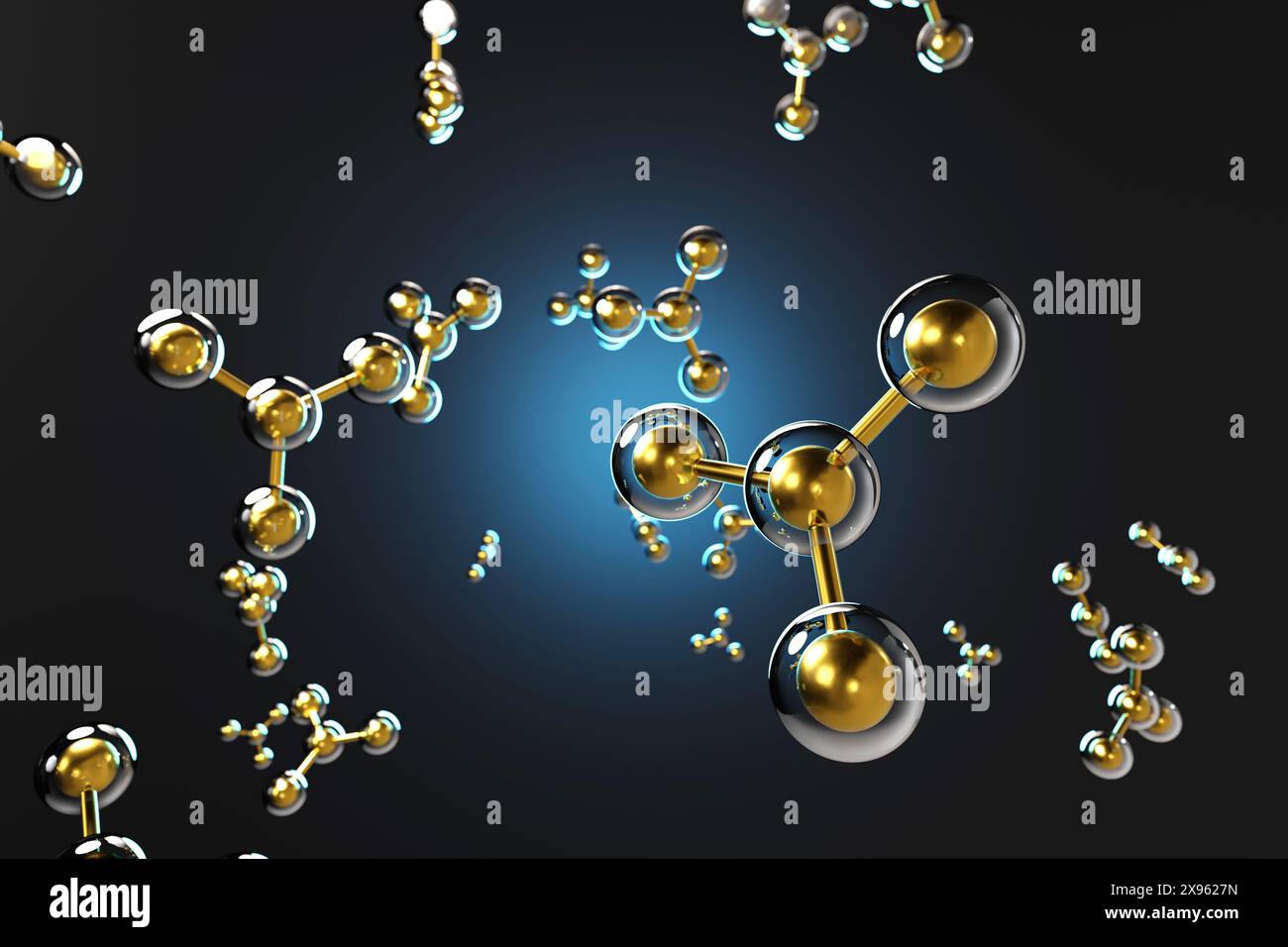 Golden molecules encapsulated in transparent sphere on black background ...