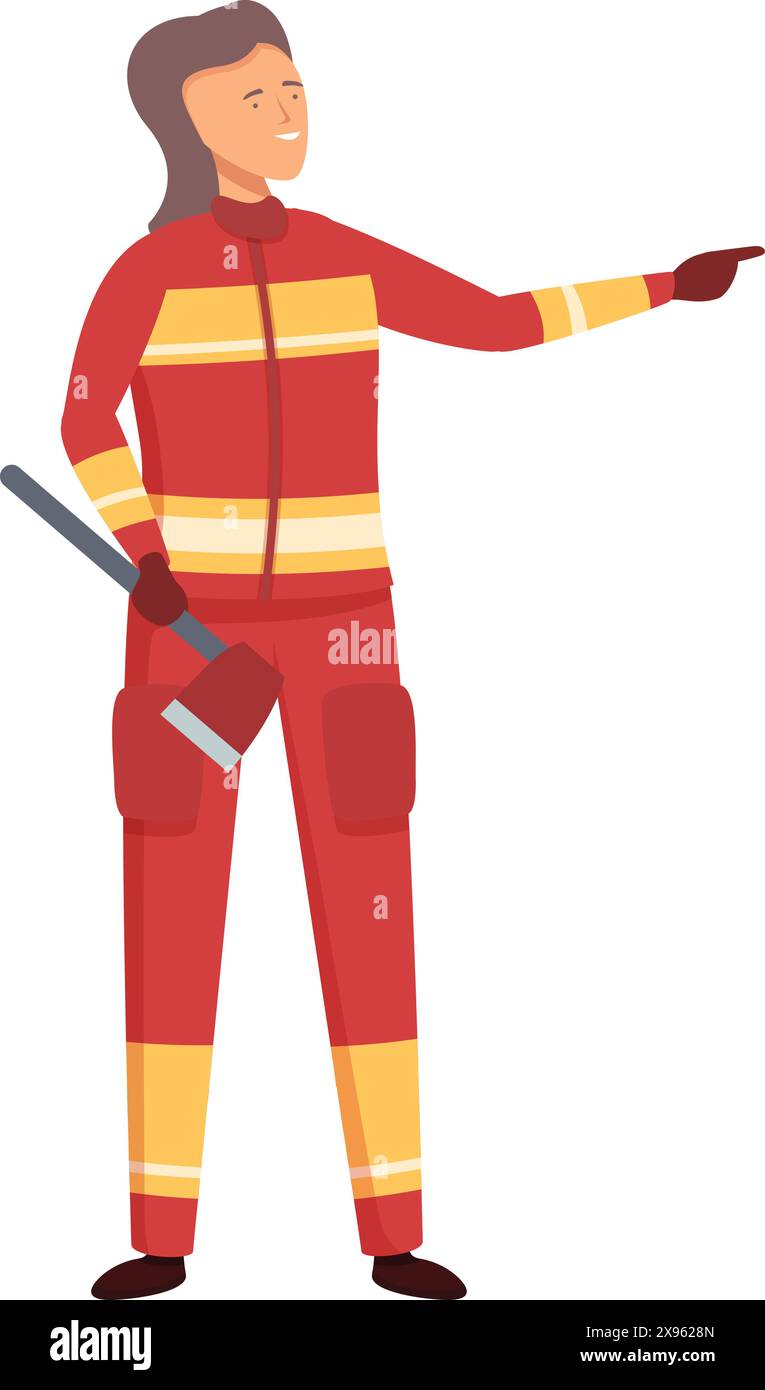Illustration of a woman firefighter in uniform, pointing to the side ...