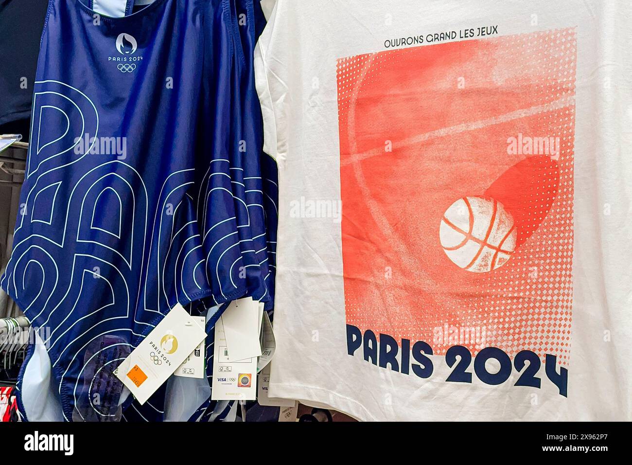 Paris, France. 29th May, 2024. Clothing and souvenirs for the Paris ...