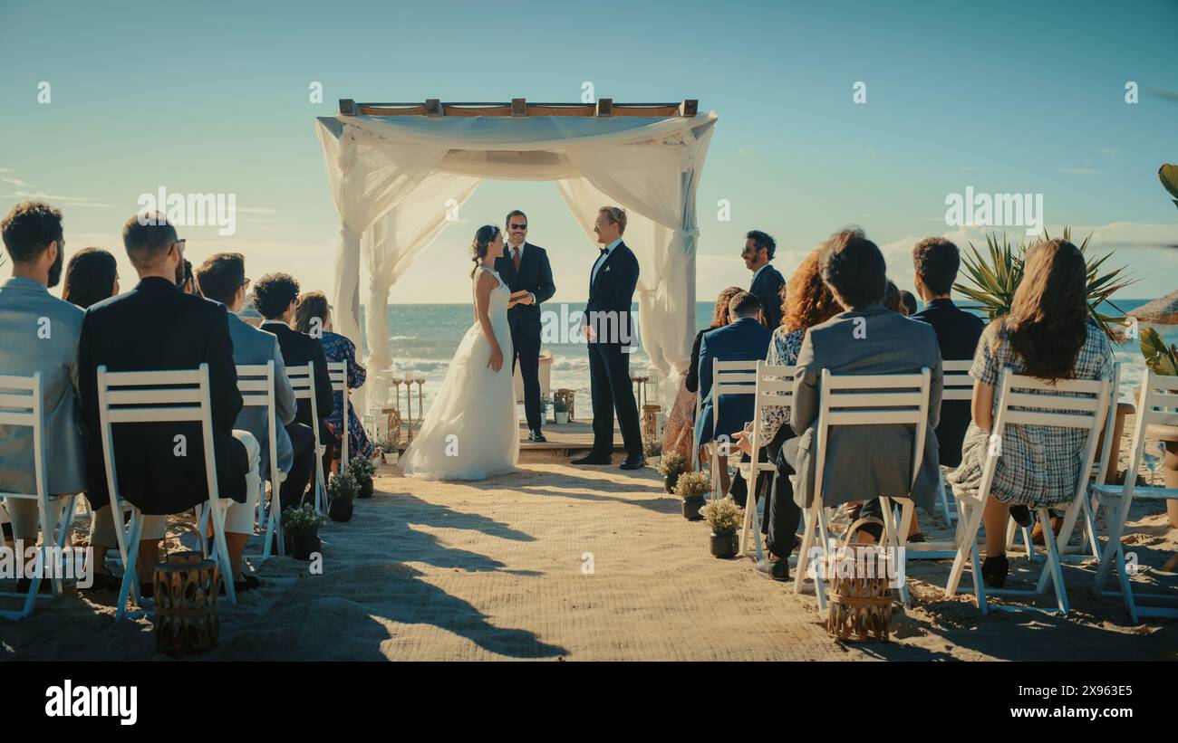 Beautiful Bride in White Wedding Dress Going Down the Aisle with Her ...