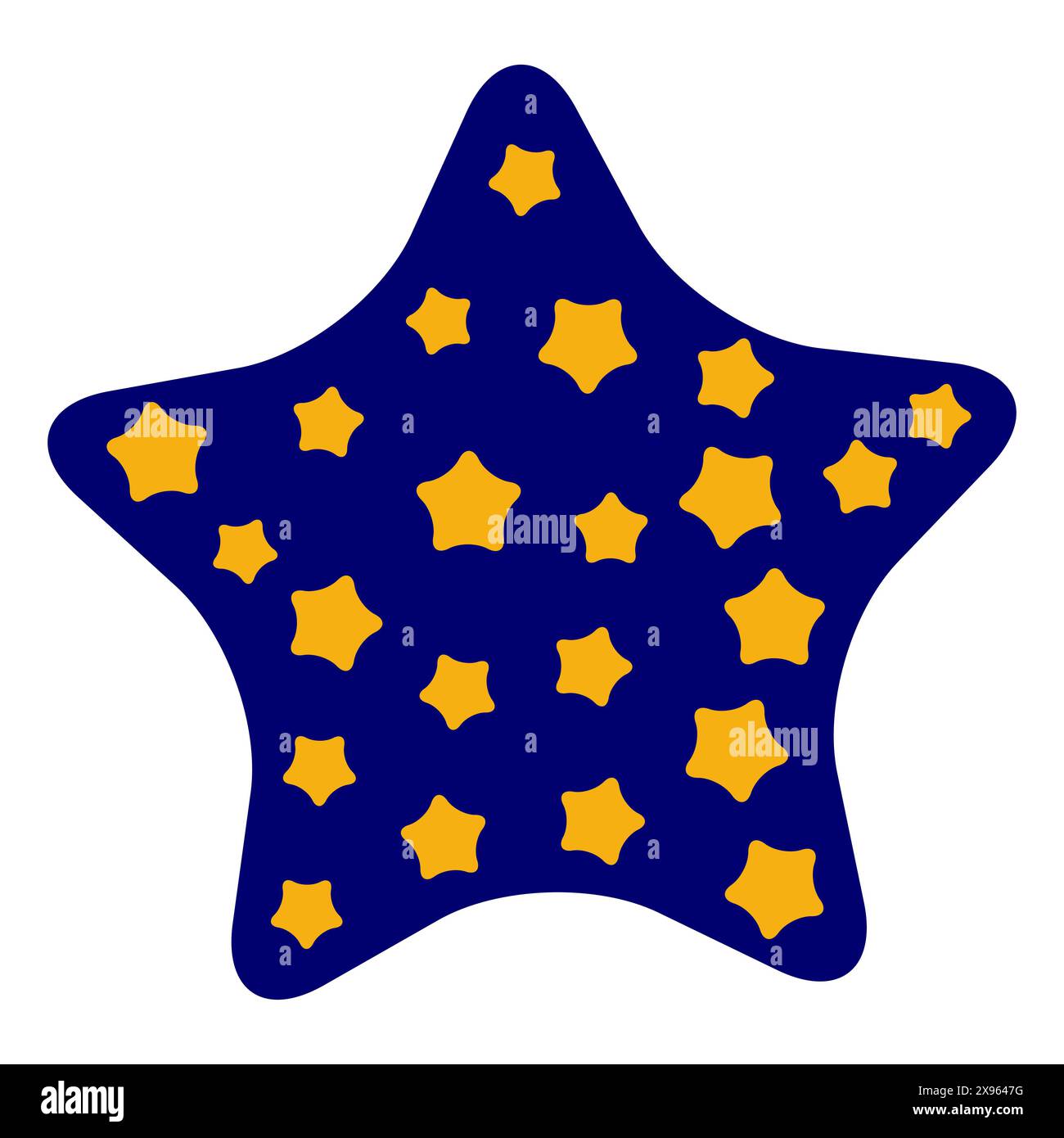 Starry night sky contained within larger star shape. Dark blue star filled with smaller yellow ...