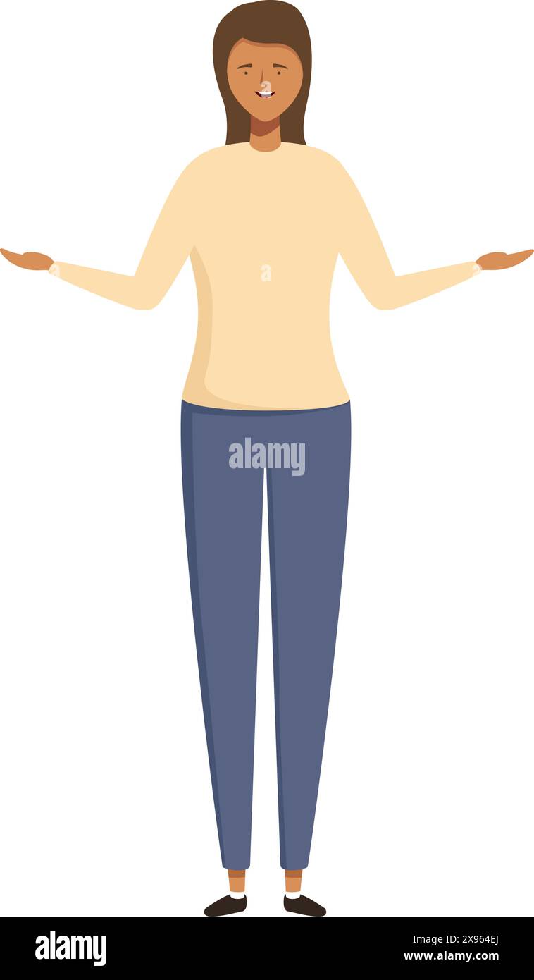 Vector illustration of a happy woman with arms extended in a balancing ...