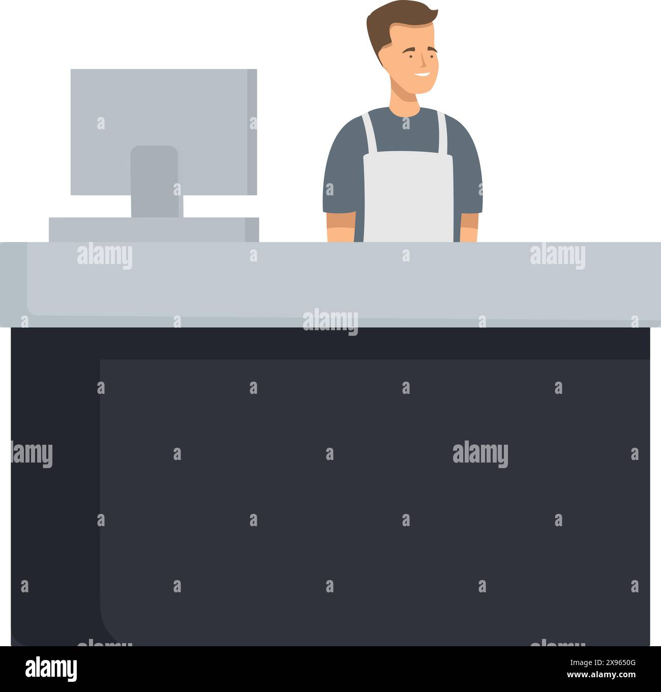Illustration of a cheerful male cashier standing at a store checkout ...