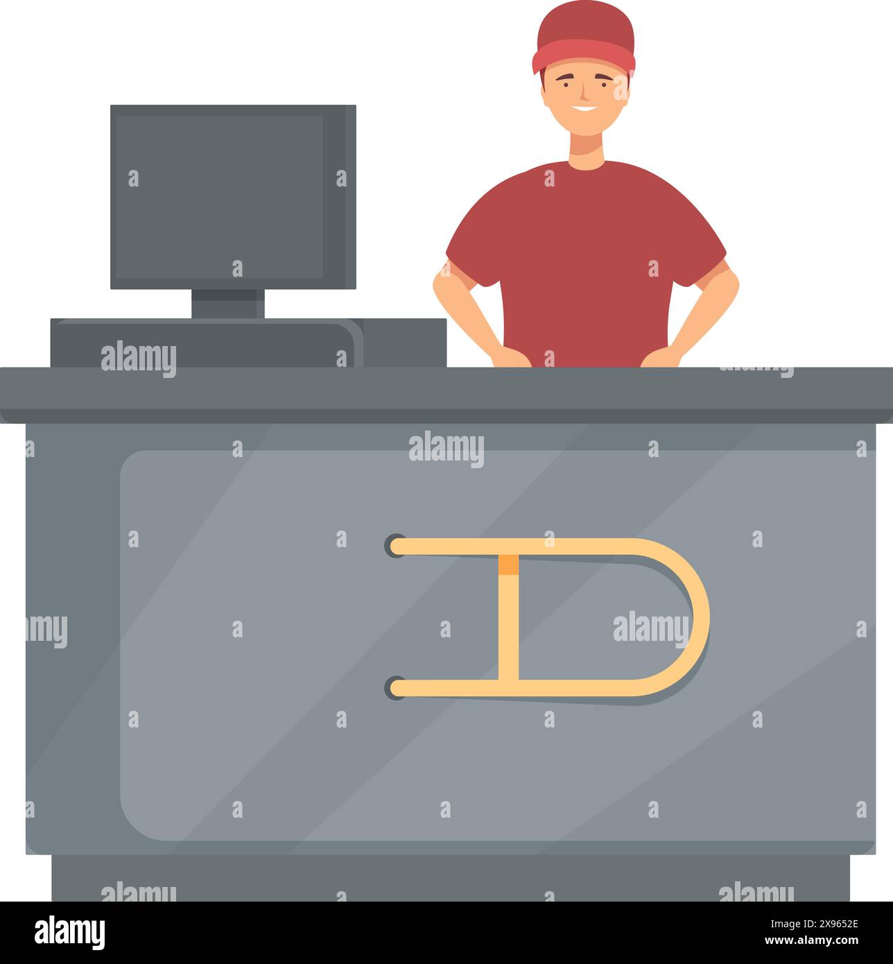 Vector of a young man with cap standing at an info counter with ...