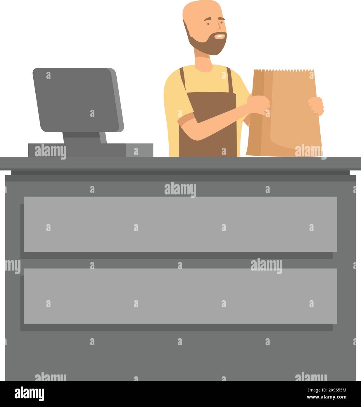 Illustration of a smiling male cashier standing at a checkout counter ...