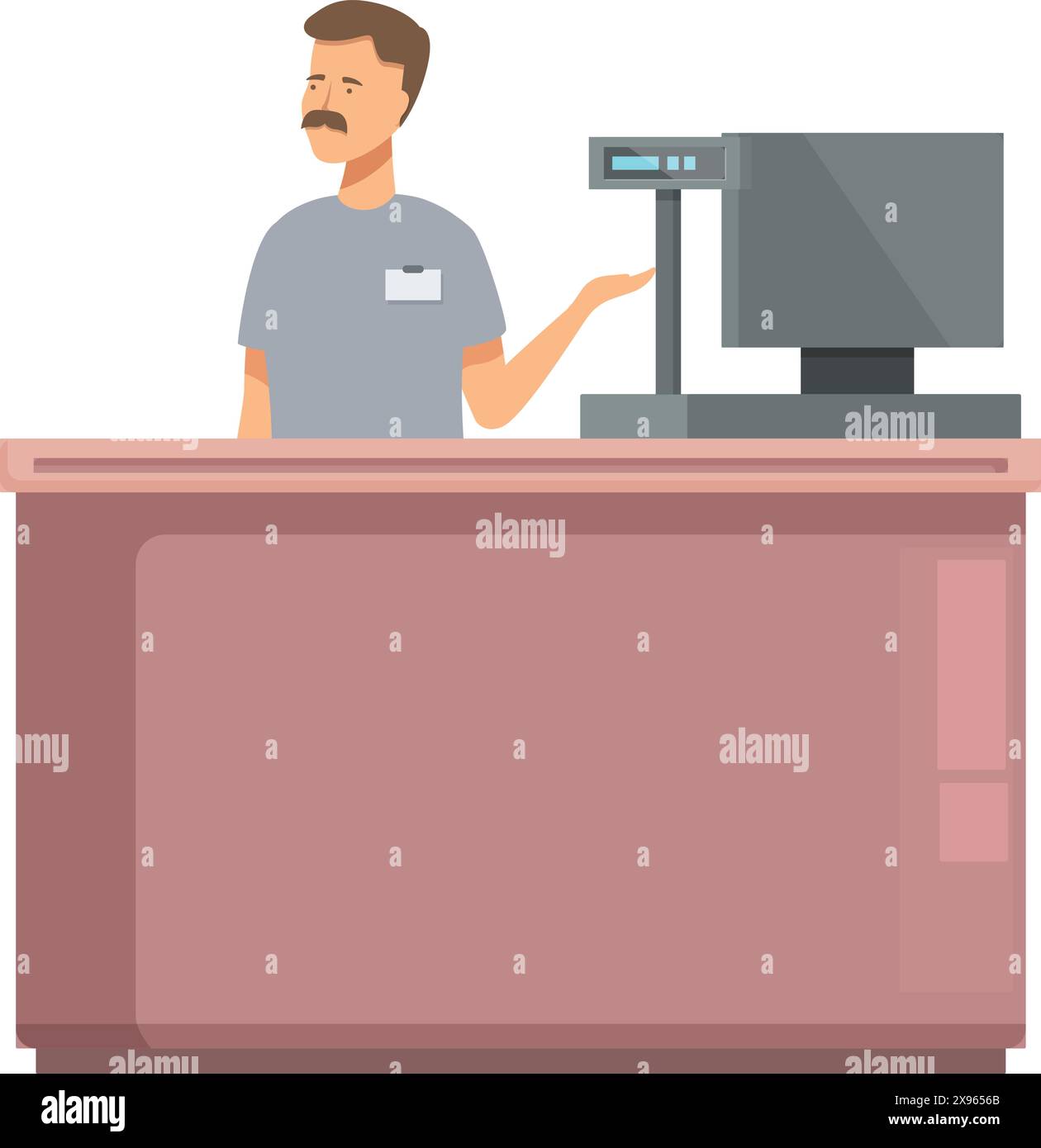 Vector illustration of a male cashier standing at a supermarket ...