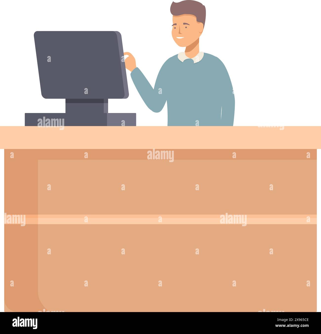 Friendly young man is depicted working diligently on a computer at a ...