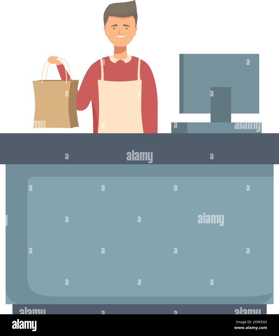 Smiling male cashier hands over a shopping bag at the store's checkout ...