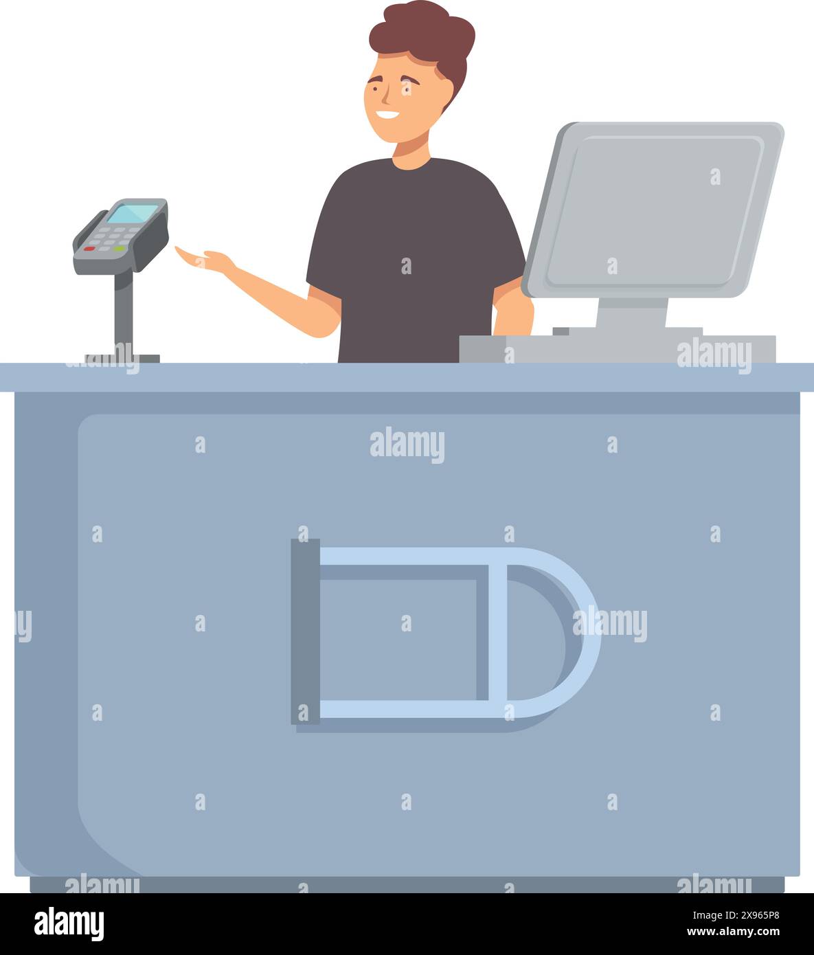Illustration of a smiling cashier managing a modern payment system at ...