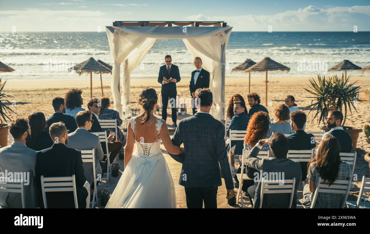 Beautiful Bride in White Wedding Dress Going Down the Aisle with Her ...