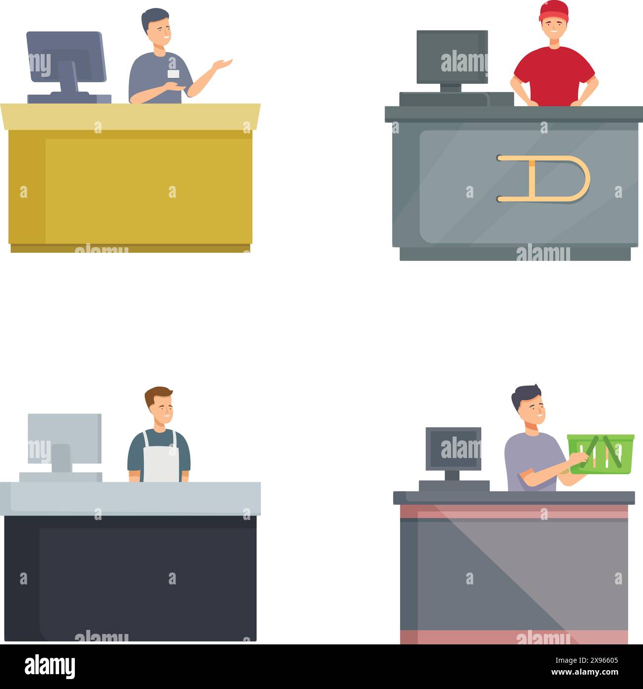 Collection of illustrations featuring various cashiers working at ...