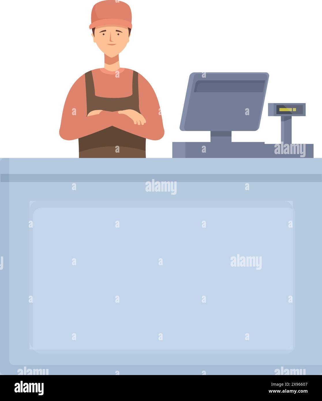 Illustrated cashier standing behind a store checkout counter with a ...
