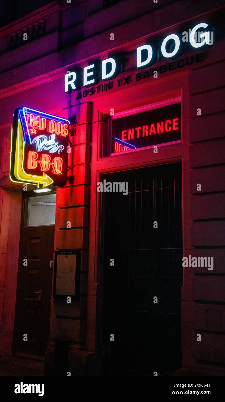 Exterior of Red Dog Saloon lit up at night in Nottingham City ...