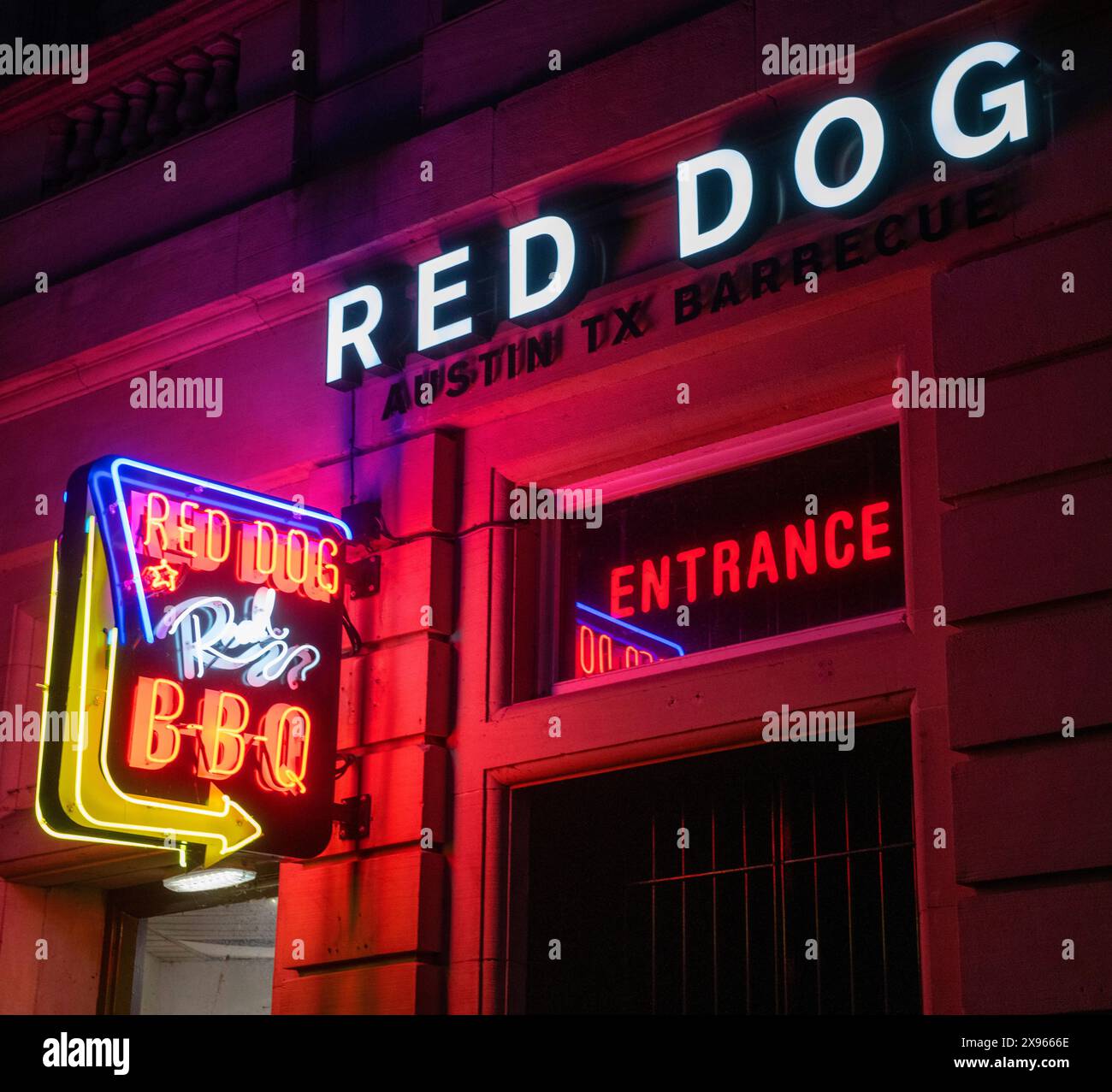 Exterior of Red Dog Saloon lit up at night in Nottingham City ...