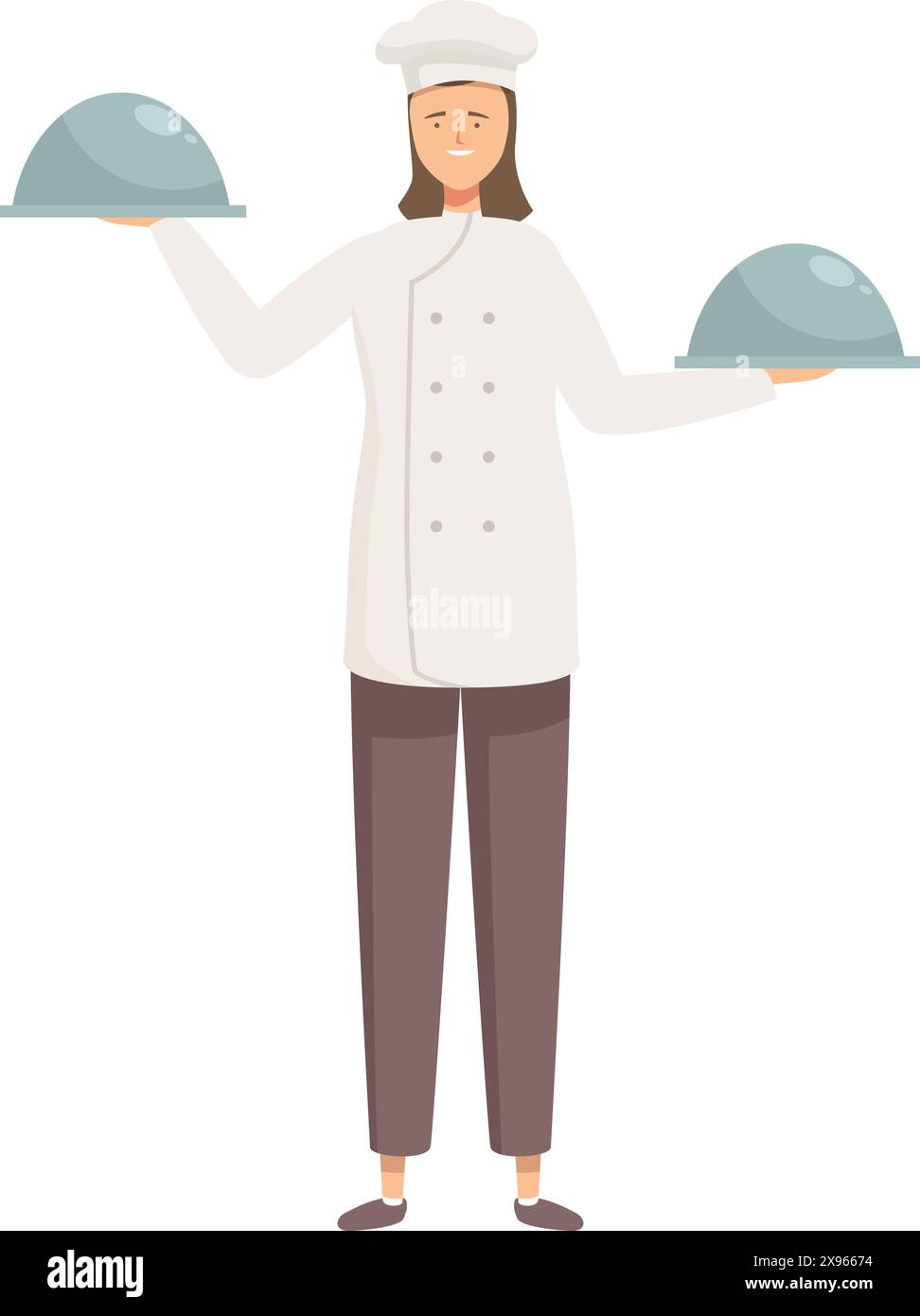 Vector illustration of a smiling chef in uniform holding two covered ...