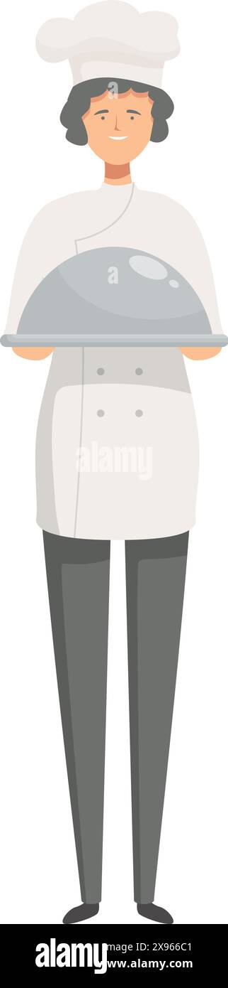 Illustration of a confident chef in uniform, holding a covered serving ...