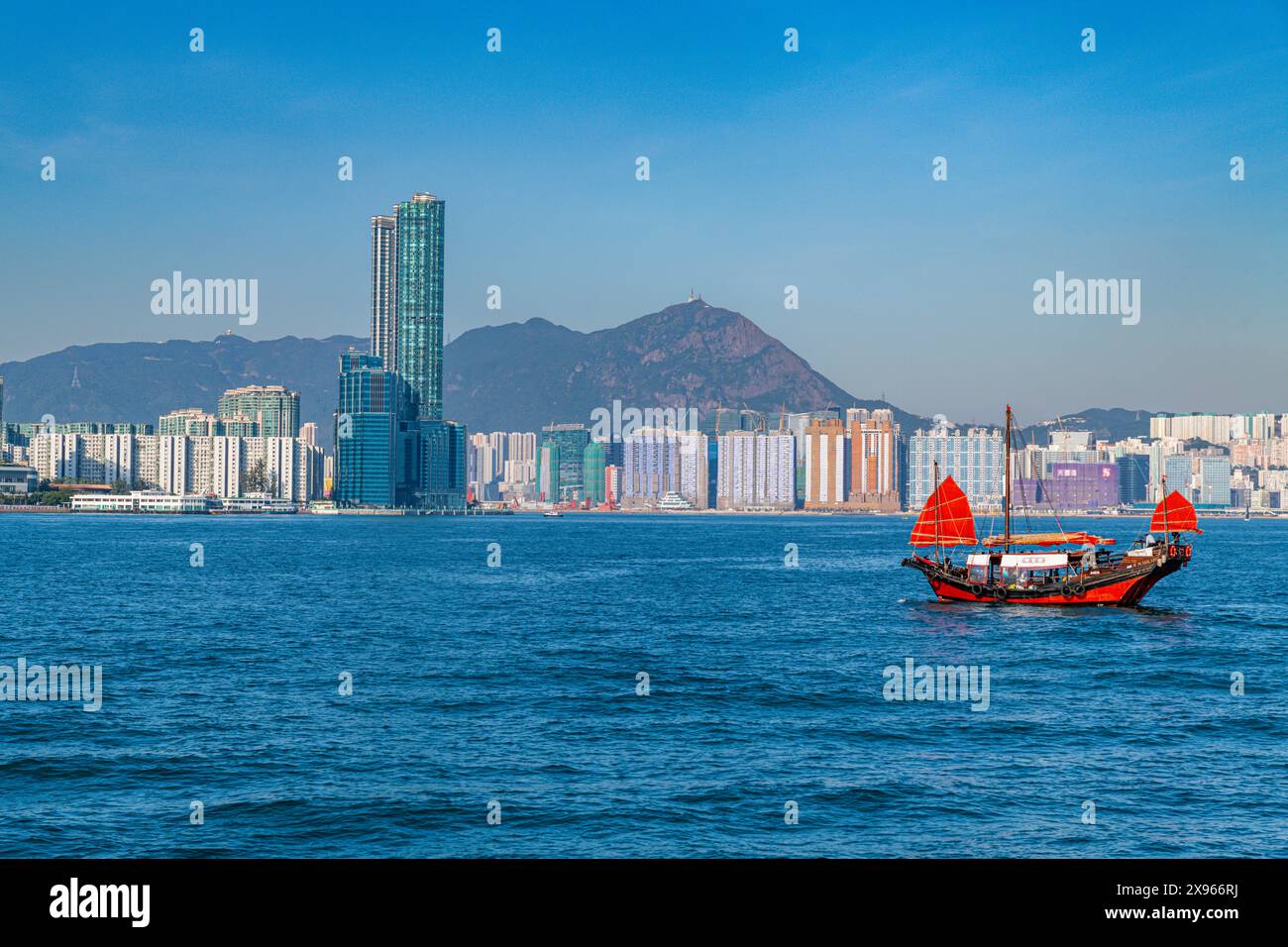 Traditional sailing boat in front of high rise buildings in Central ...