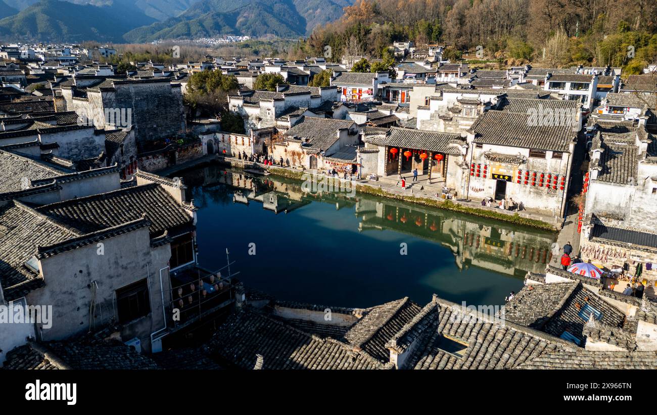 Aerial of Hongcun historical village, UNESCO World Heritage Site ...