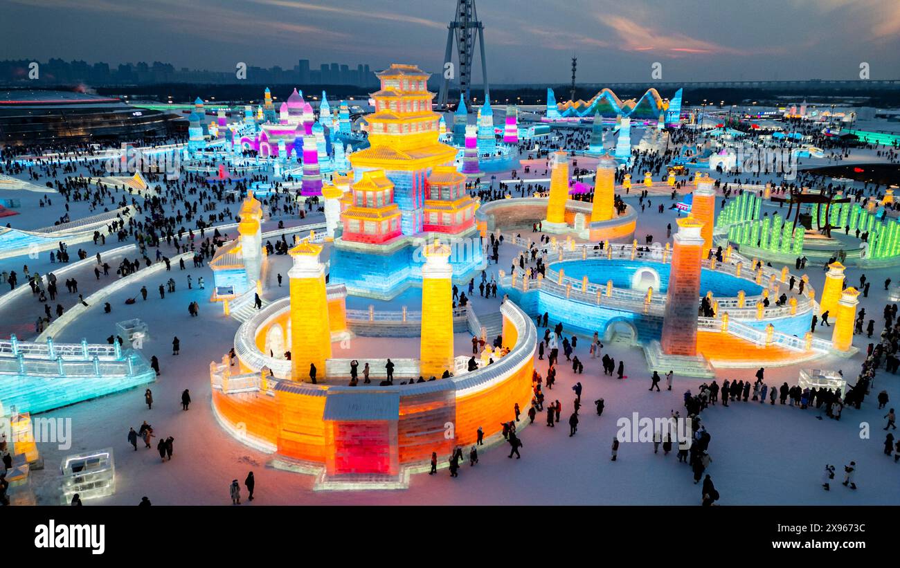 Aerial of the Illuminated buildings made out of ice, Ice International ...