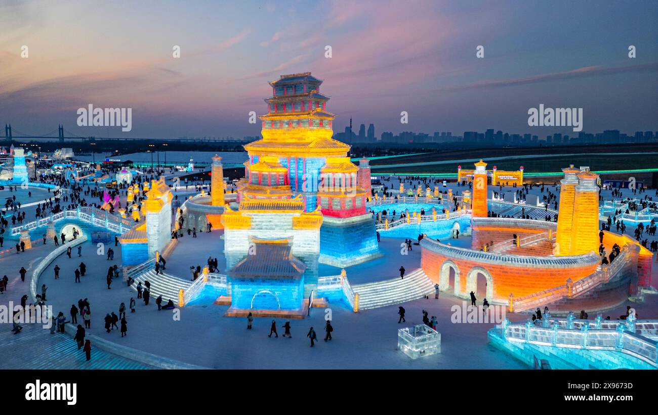 Aerial of the Illuminated buildings made out of ice, Ice International ...