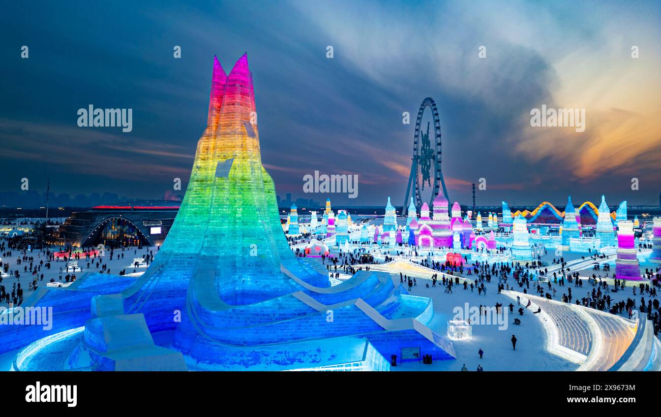 Aerial of the Illuminated buildings made out of ice, Ice International ...
