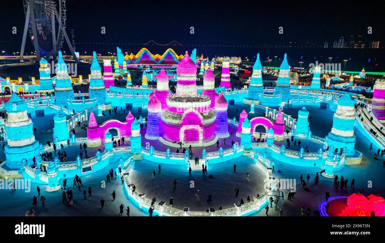 Aerial of the Illuminated buildings made out of ice, Ice International ...