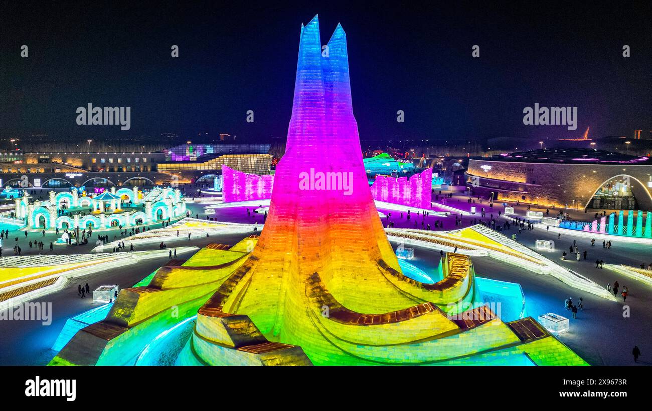 Aerial of the Illuminated buildings made out of ice, Ice International ...