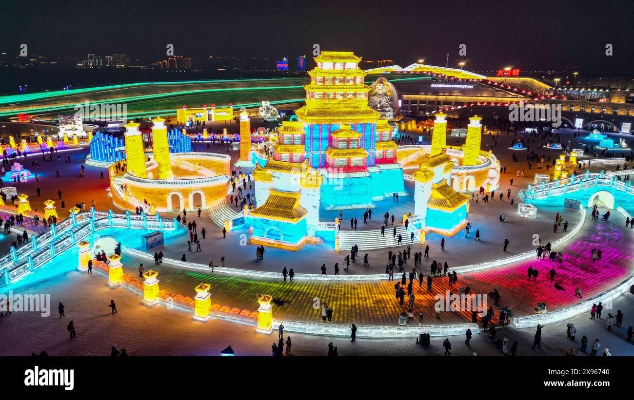 Aerial of the Illuminated buildings made out of ice, Ice International ...