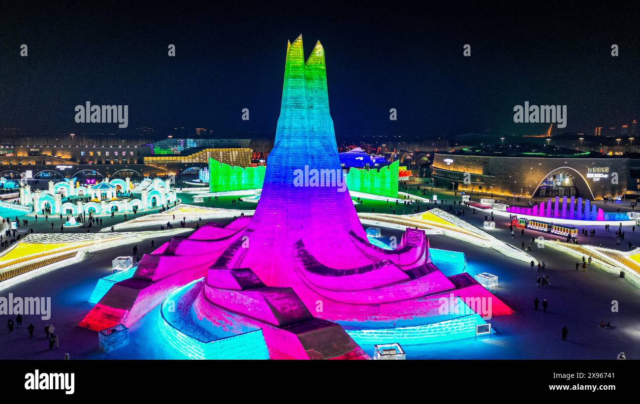 Aerial of the Illuminated buildings made out of ice, Ice International ...