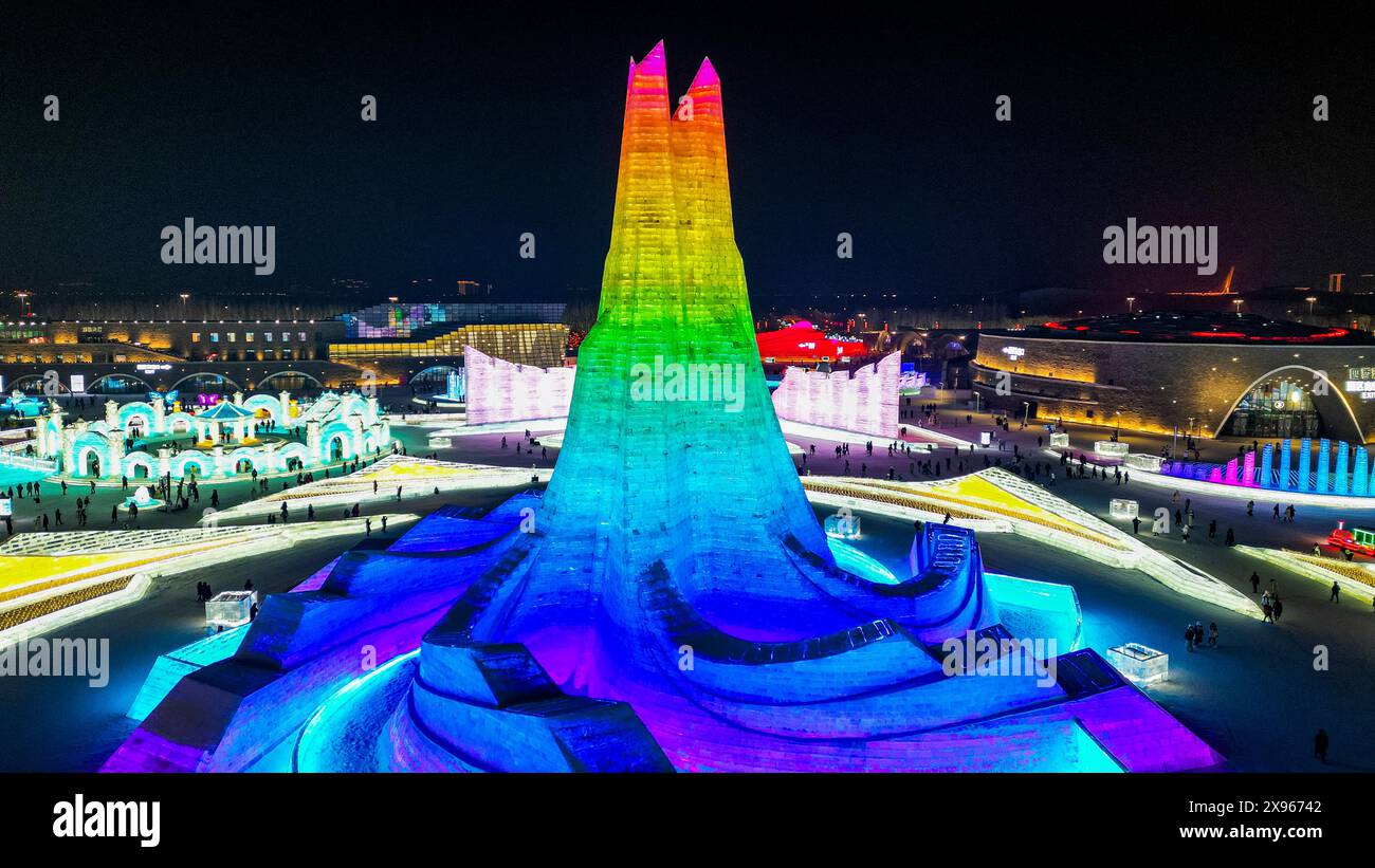 Aerial of the Illuminated buildings made out of ice, Ice International ...