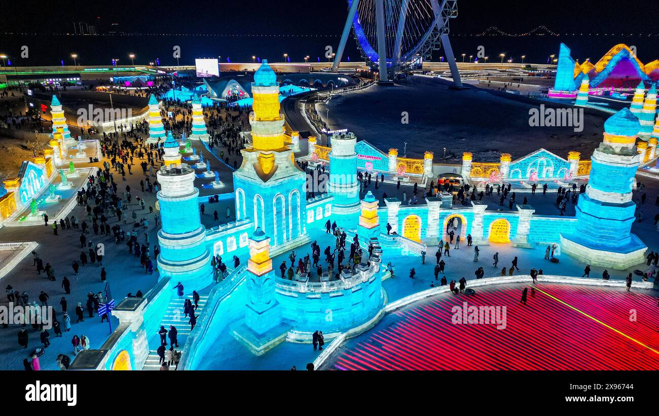 Aerial of the Illuminated buildings made out of ice, Ice International ...