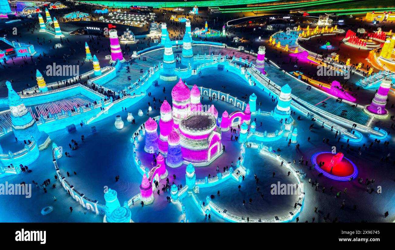 Aerial of the Illuminated buildings made out of ice, Ice International ...