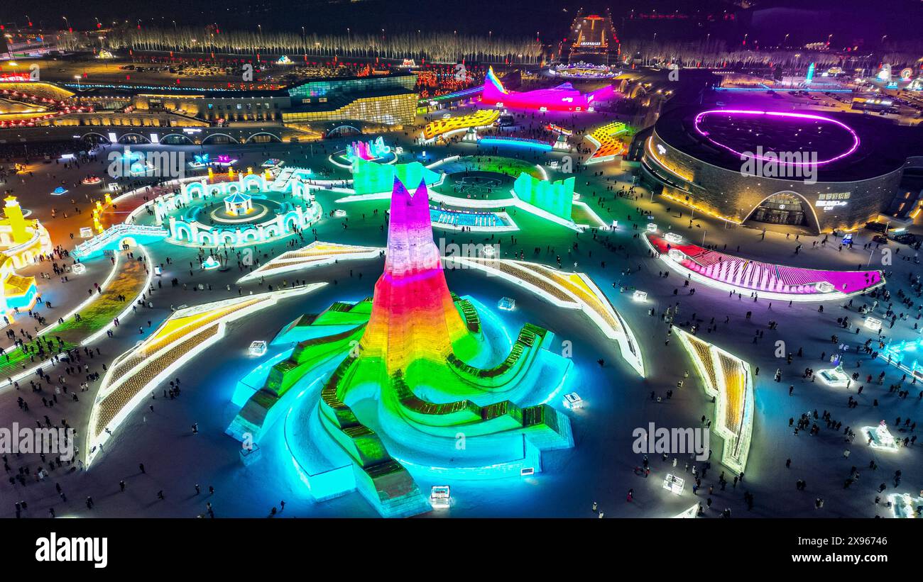 Aerial of the Illuminated buildings made out of ice, Ice International ...