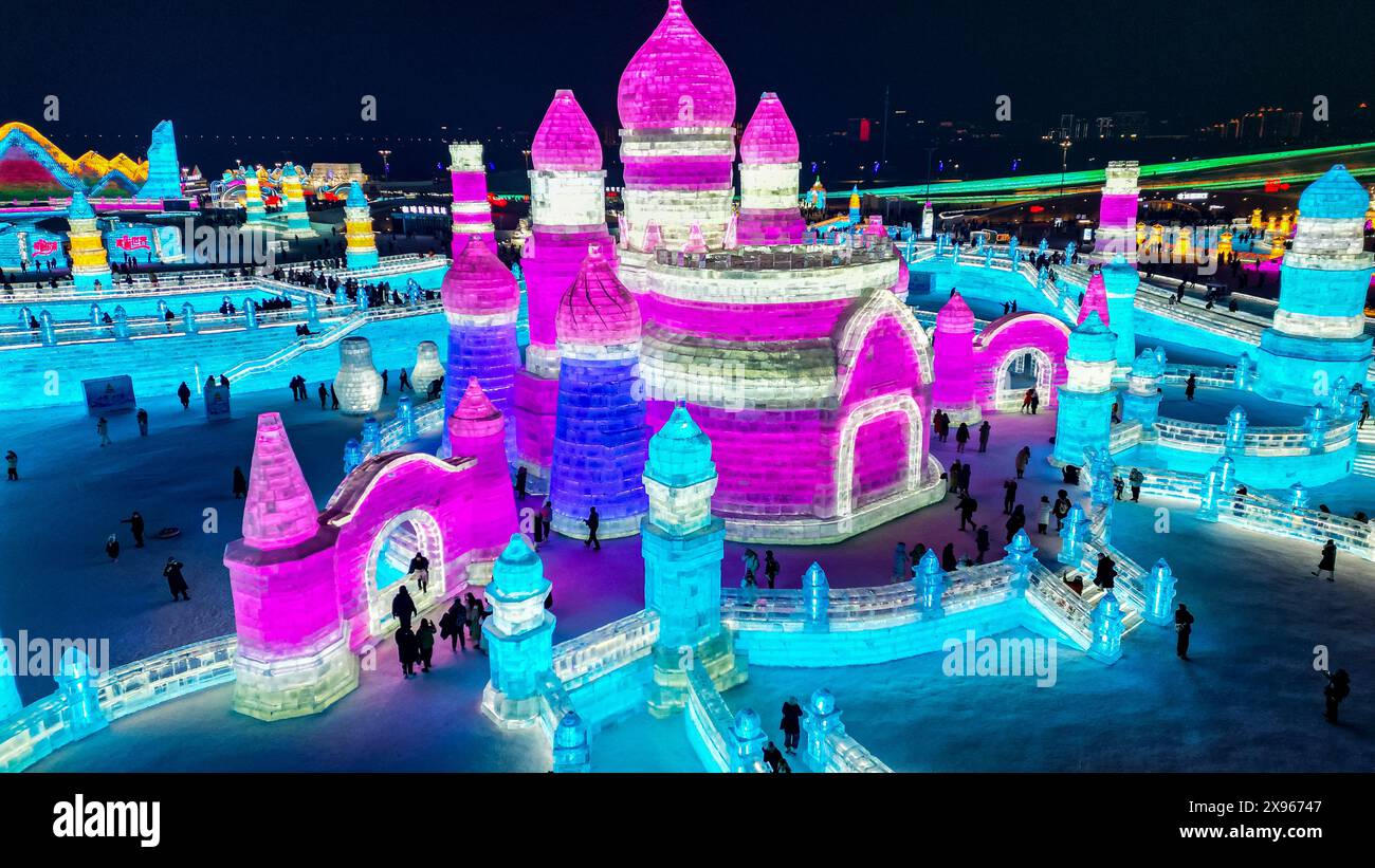 Aerial of the Illuminated buildings made out of ice, Ice International ...