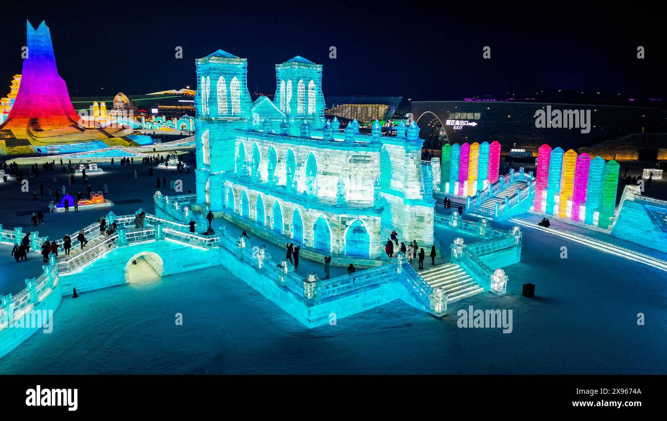 Aerial of the Illuminated buildings made out of ice, Ice International ...