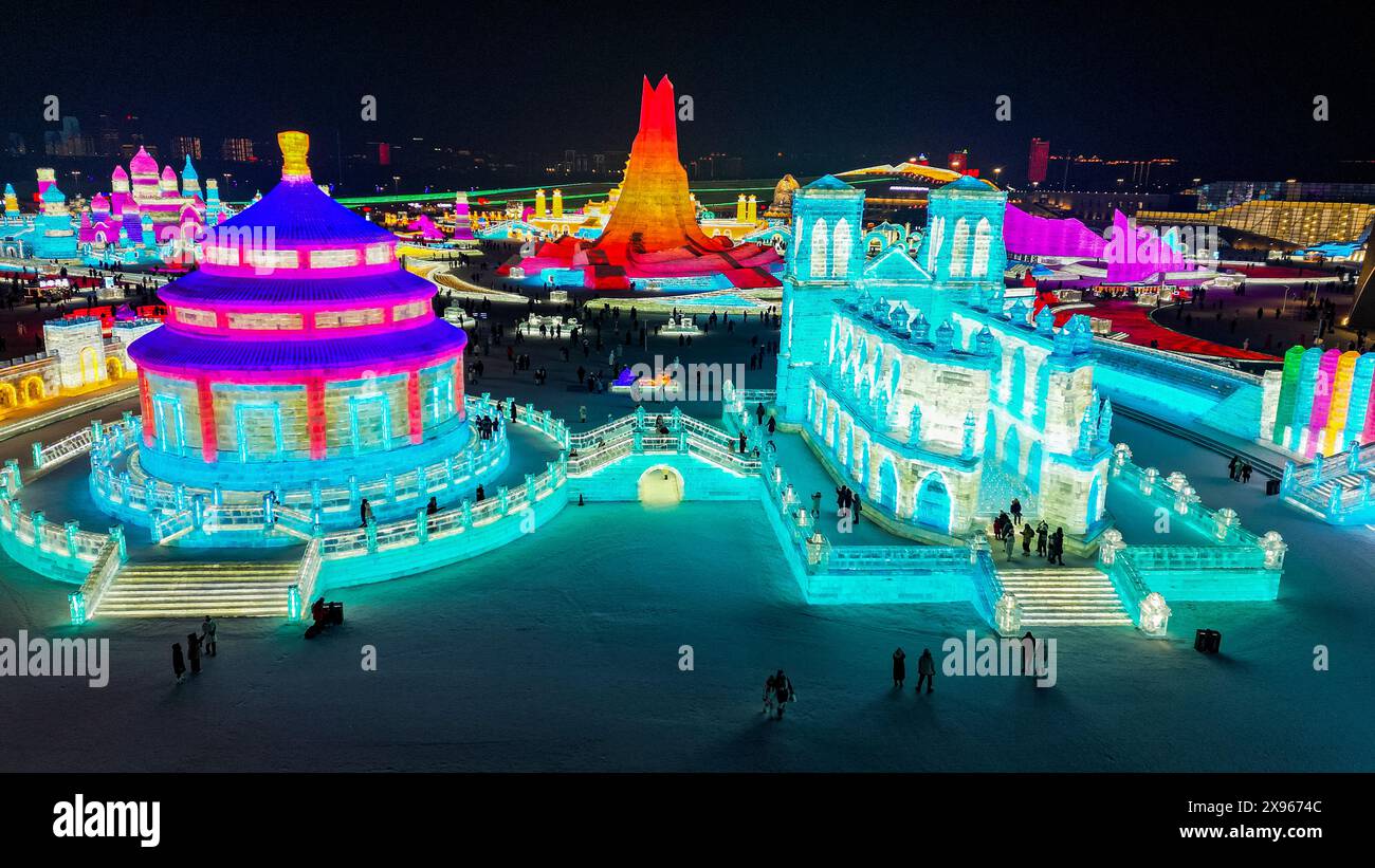 Aerial of the Illuminated buildings made out of ice, Ice International ...