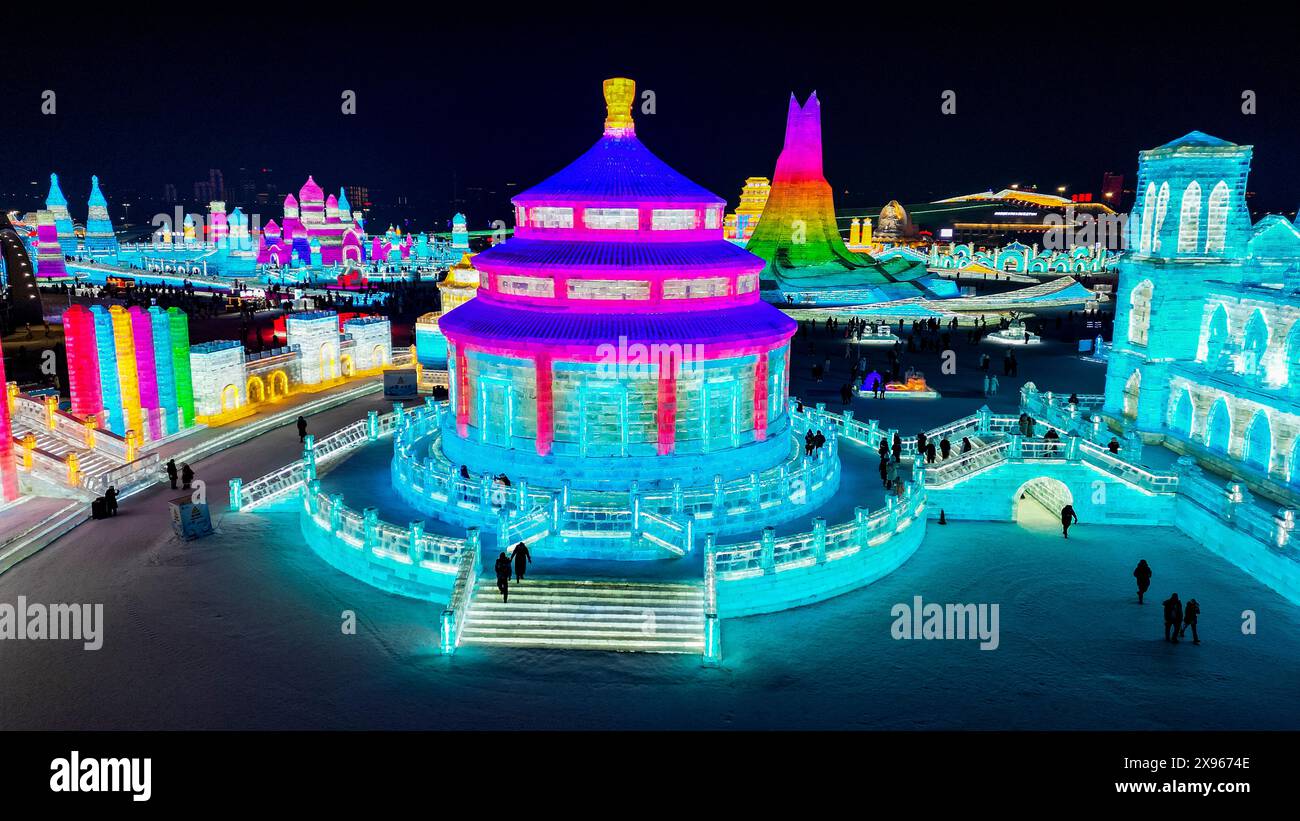 Aerial of the Illuminated buildings made out of ice, Ice International ...