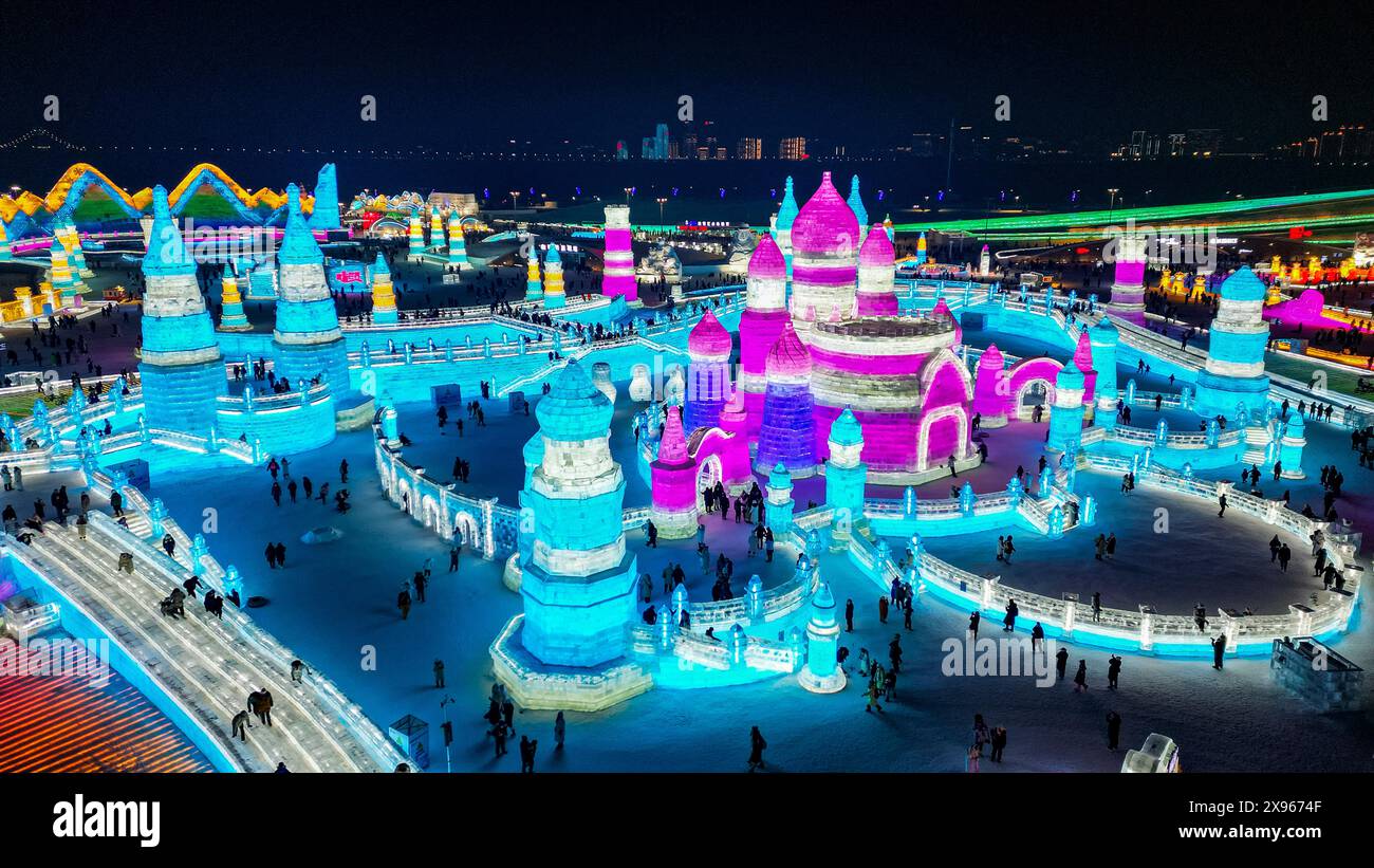 Aerial of the Illuminated buildings made out of ice, Ice International ...