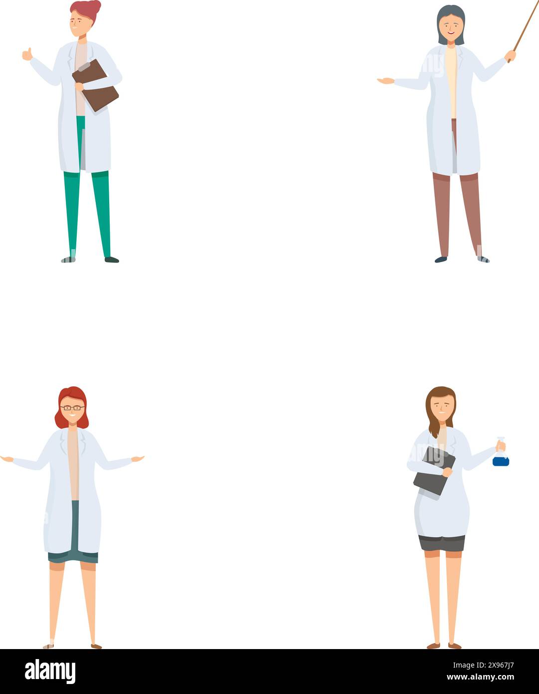 Collection of four illustrated doctors in various poses, isolated on a ...