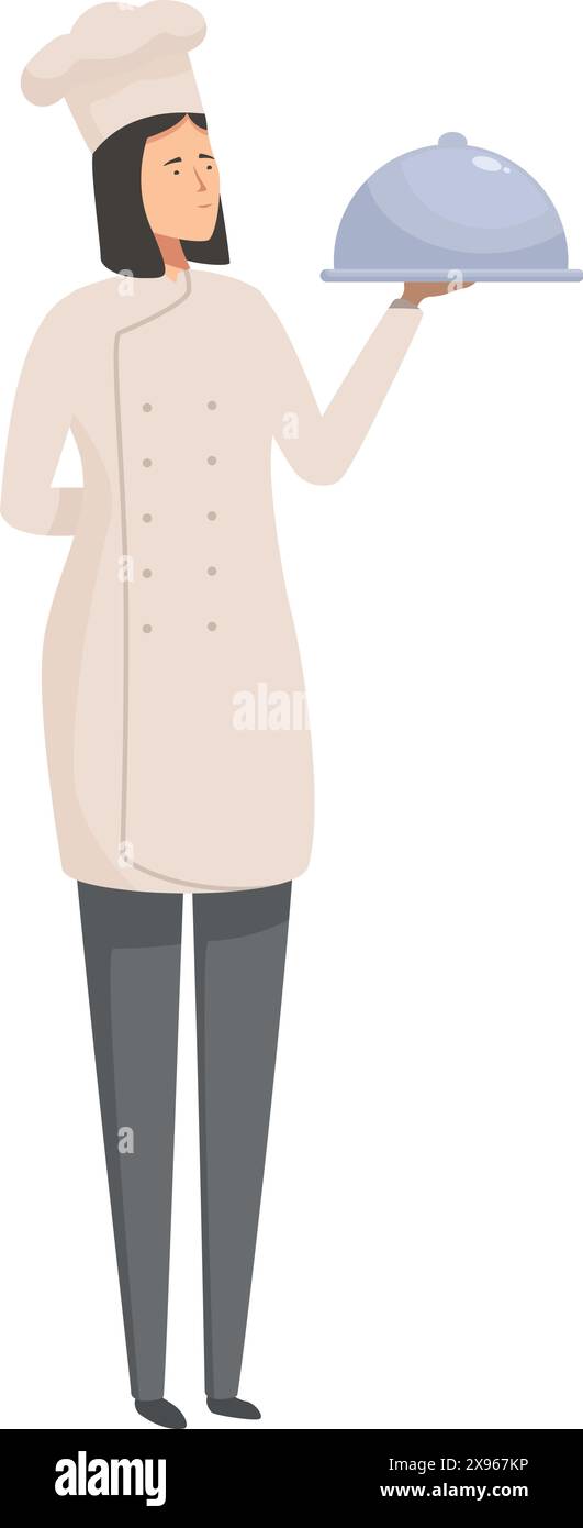 Illustration of a professional chef holding a cloche, ready to reveal a ...