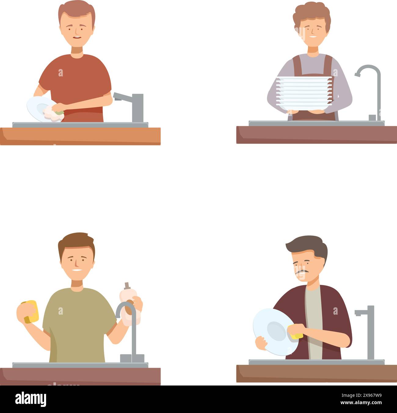 Illustration collection showing men washing dishes, cooking, and ...