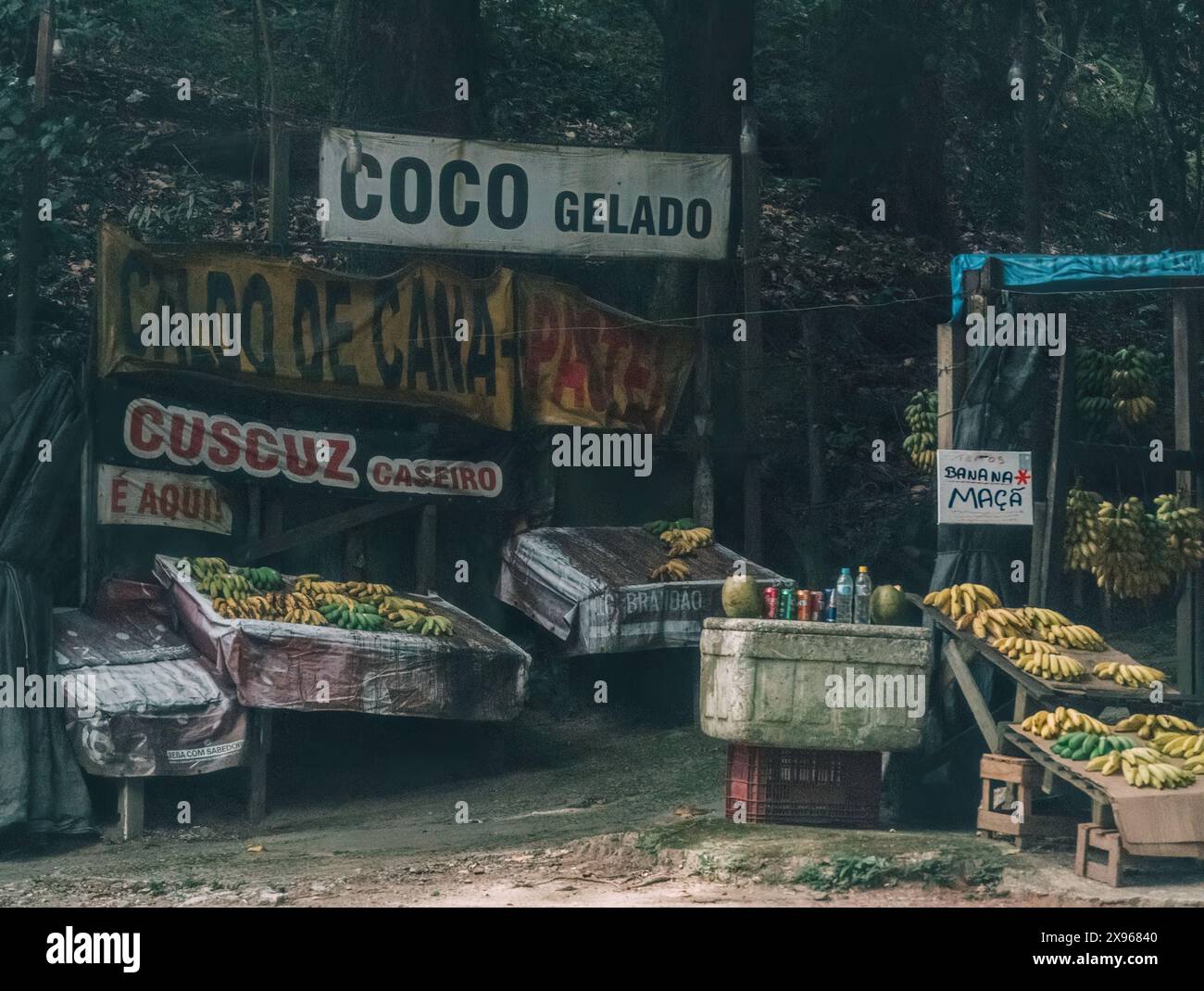A weathered stand next to a highway selling different types of tropical ...