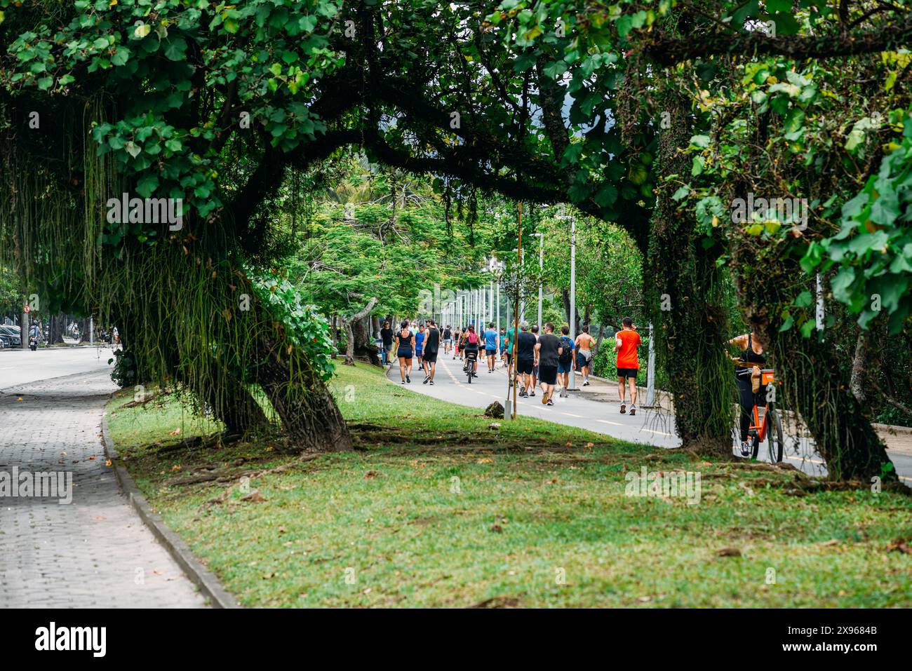 People stroll along the pedestrian path alongside Lagoa Rodrigo de ...