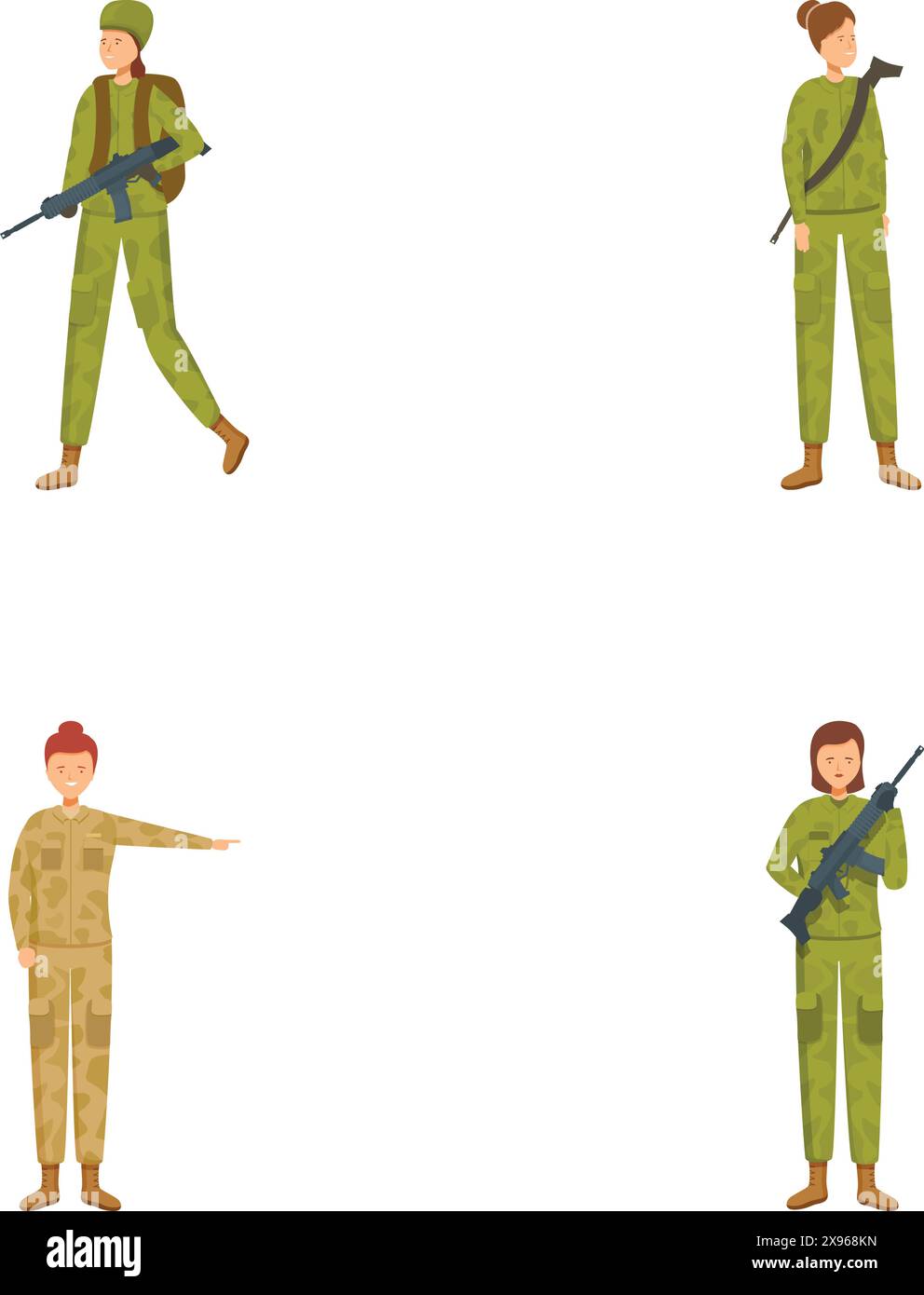 Collection of four cartoon military figures in various poses, isolated ...